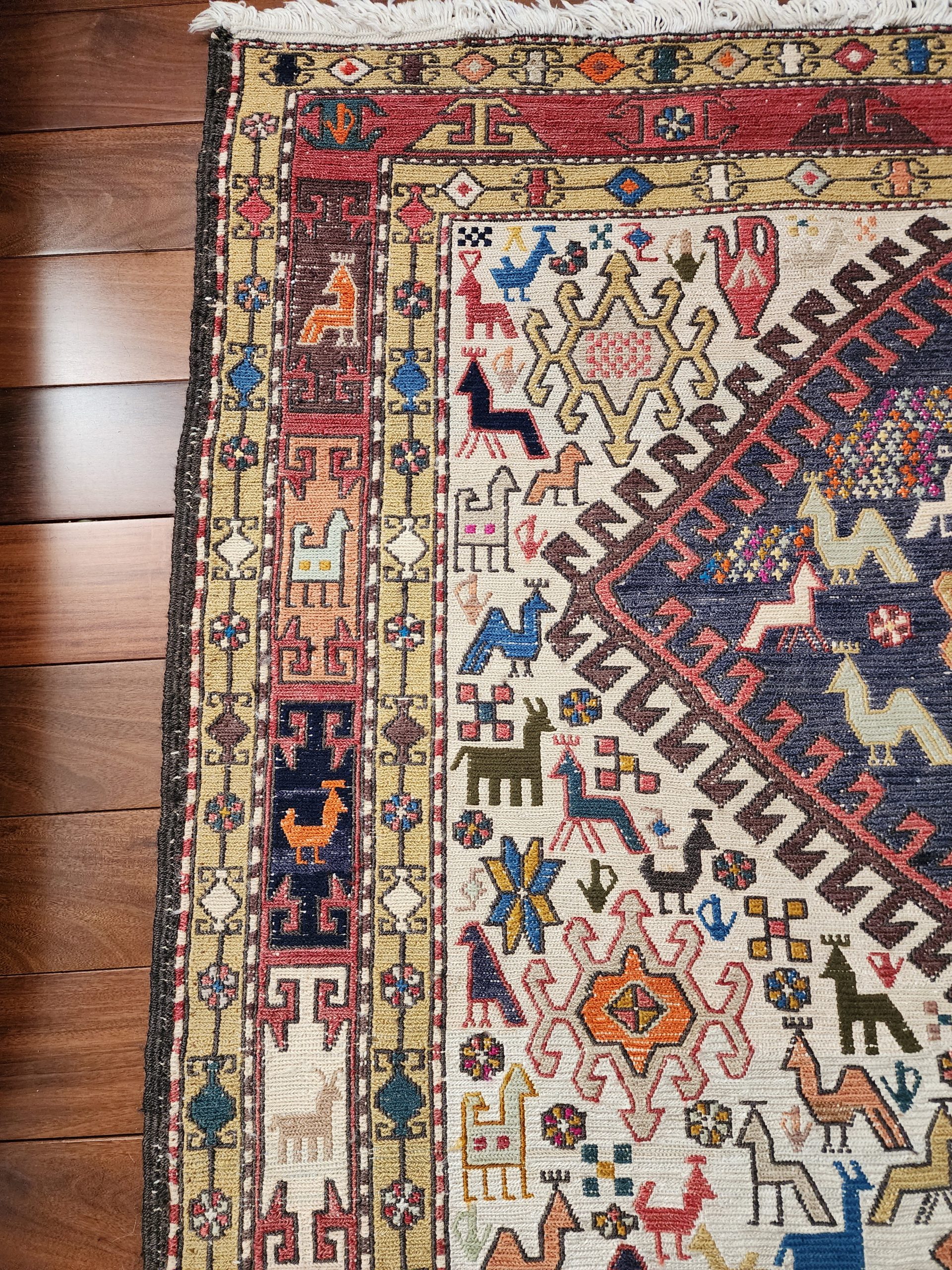 SOLD Antique Shahsavan Silk and Wool Bird Soumak , 57″x83″, D0404 – DECORUM