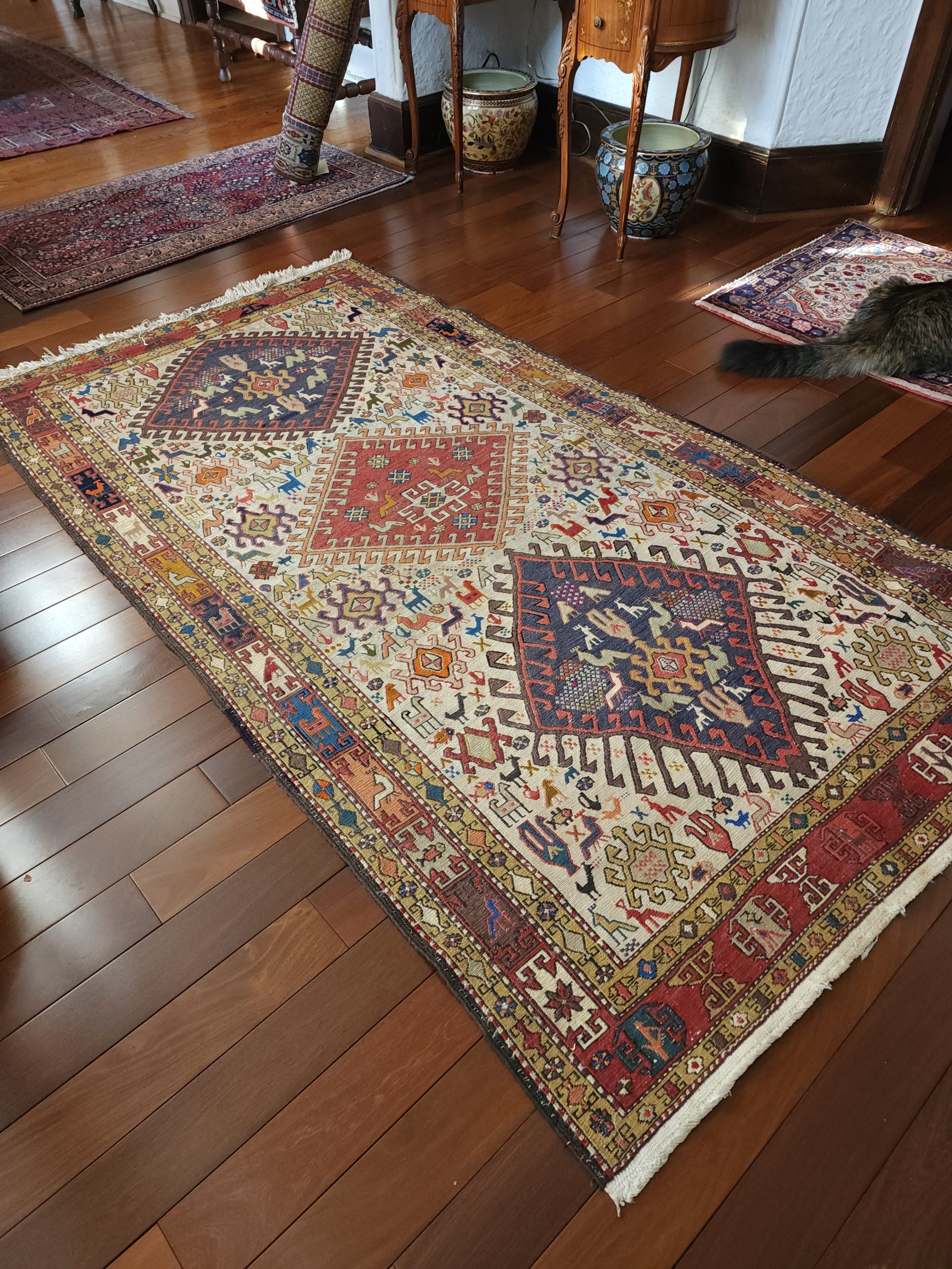 SOLD Antique Shahsavan Silk and Wool Bird Soumak , 57″x83″, D0404 – DECORUM